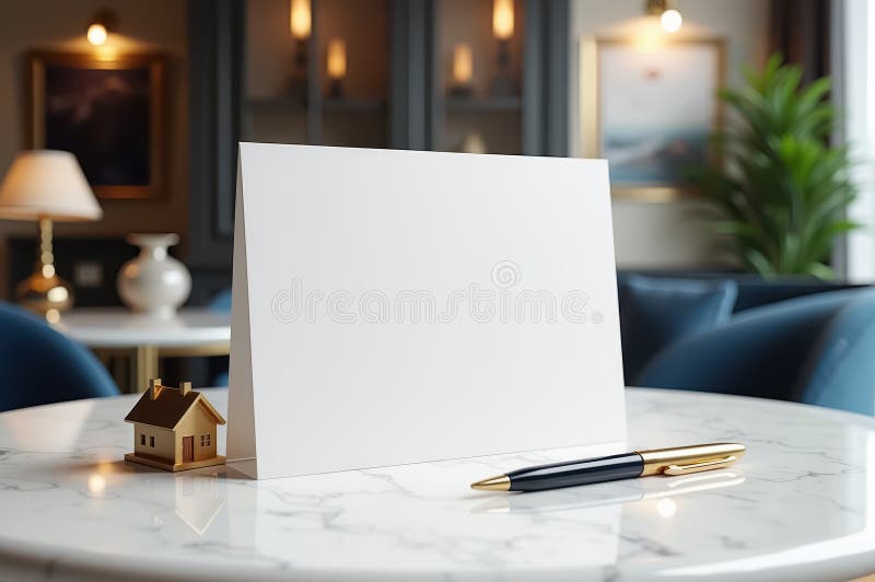 Blank Card on Marble Table with Pen and Miniature House in Elegant ...