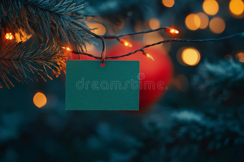 Blank Card or Memo Note on Christmas Tree with Bokeh Lights Background ...