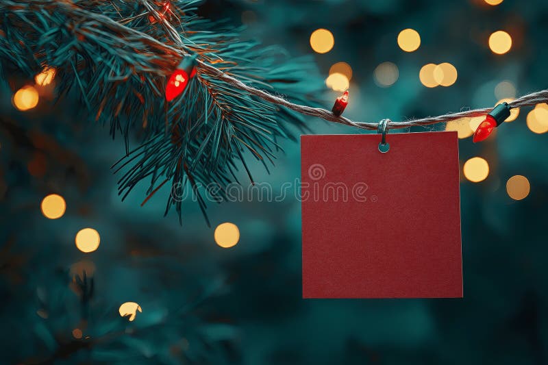 Blank Card or Memo Note on Christmas Tree with Bokeh Lights Background ...