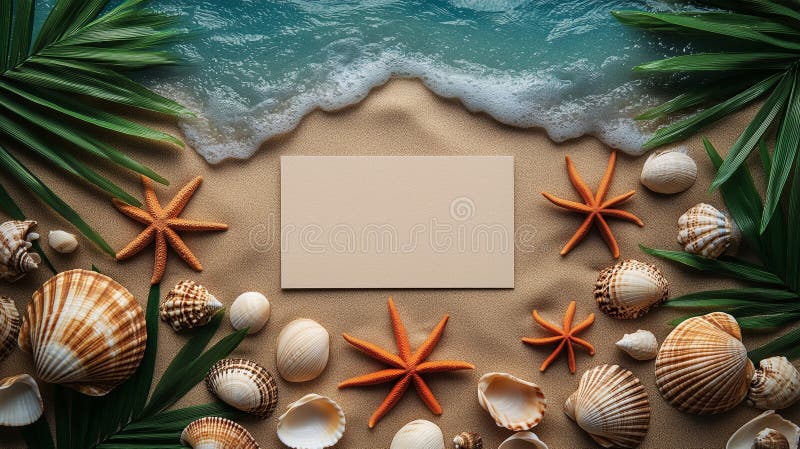 Blank Card Mockup Beach Sand Seashells Palm Summer Stock Photo - Image ...