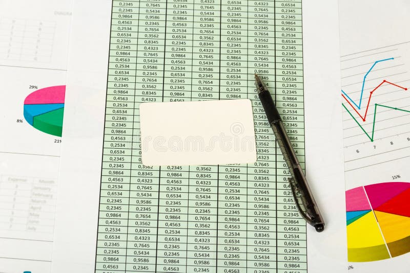 Blank Card, Pen, Sheets of Paper with Accounts and Charts. Stock Photo ...