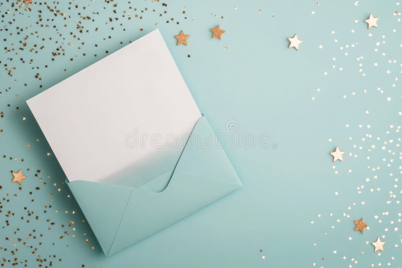 Blank Card and Envelope with Golden Stars on Light Blue Background ...