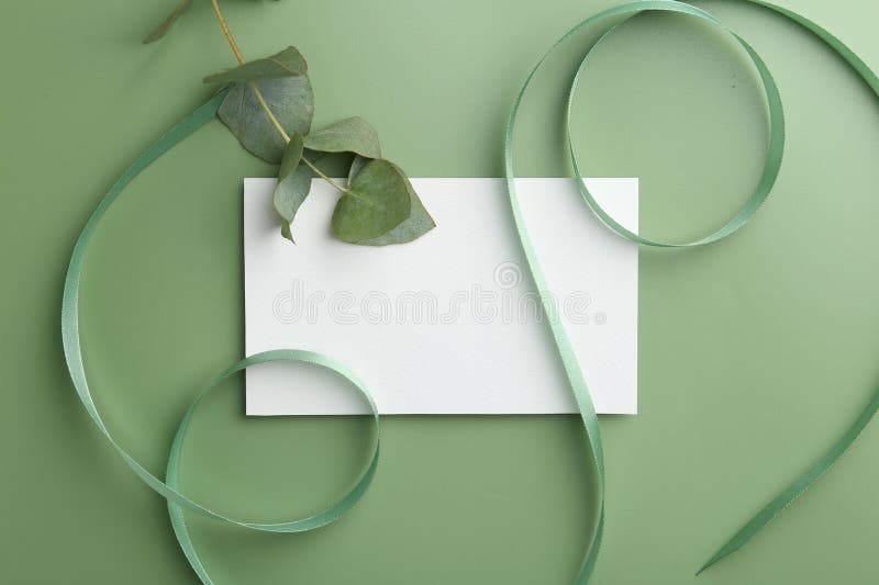 Blank Card, Ribbons and Eucalyptus Branch on Green Background, Flat Lay ...
