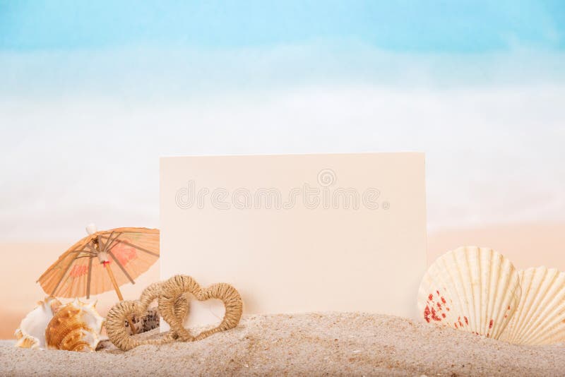 Blank Card with Sea Shells, Hearts in Sand on Beach. Stock Image ...