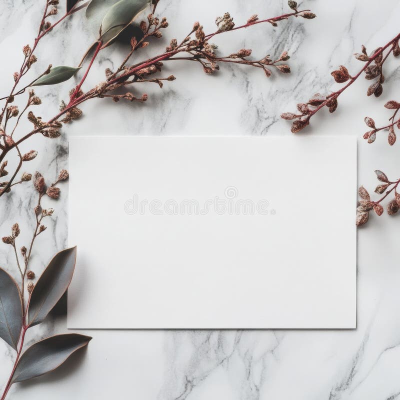 Blank Card Surrounded by Delicate Branches and Leaves on a Marble ...