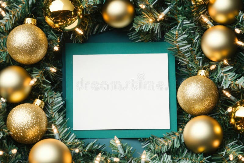 Blank Card Surrounded by Festive Gold Ornaments and Evergreen Branches ...