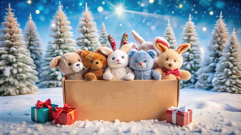 A Blank Cardboard Box Layout with a Group of Plush Animals Including ...
