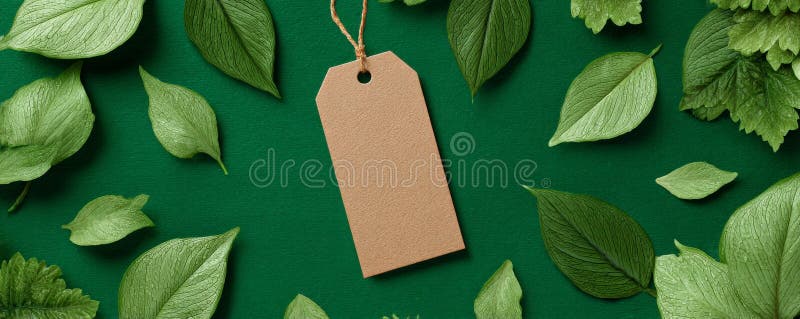 A Blank Cardboard Tag on a Green Surface, Surrounded by Various Green ...