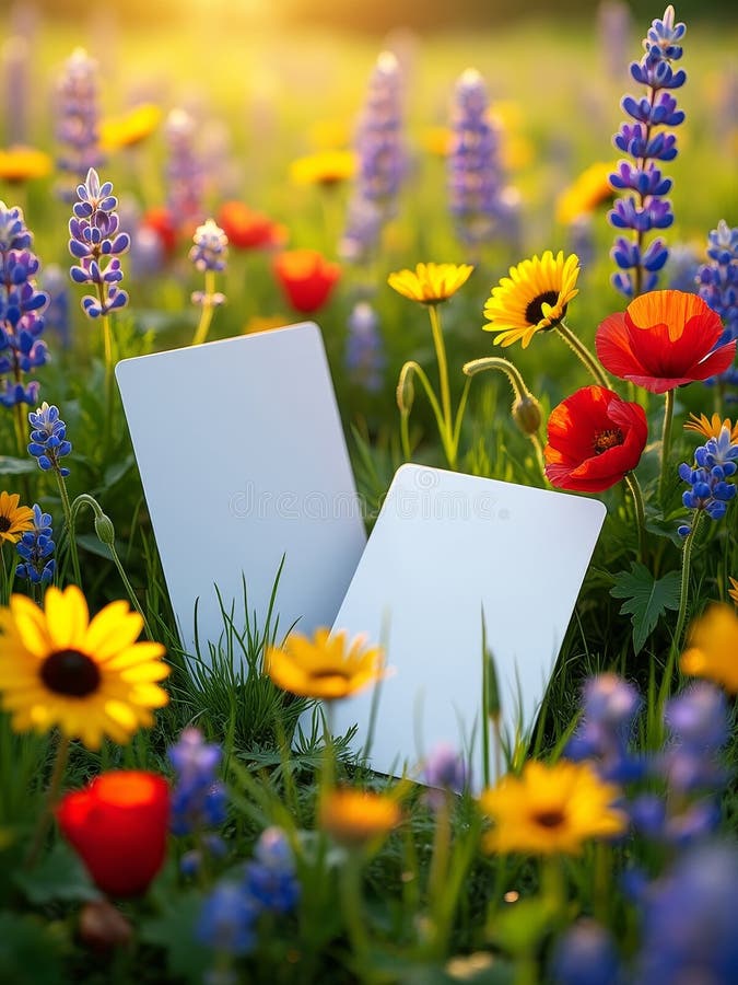 Blank Cards in Colorful Wildflower Field Under Warm Sunlight Stock ...