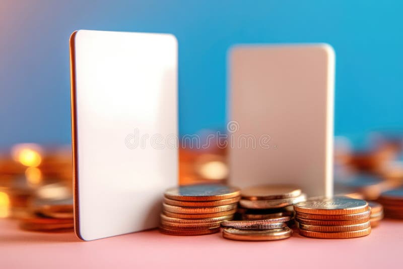 Blank Cards and Stacked Coins on Gradient Background Stock Image ...