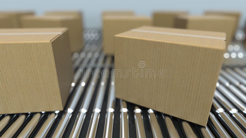 Blank Carton Boxes Move on Roller Conveyors. 3D Rendering Stock ...
