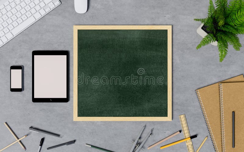 Blank Chalkboard on Table with Tablet Stock Image - Image of space ...
