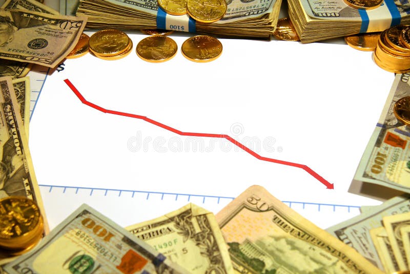 Blank Chart Falling Down Dropping Red with Money and Gold Stock Photo ...