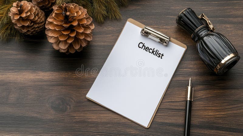 Blank Checklist Rests on a Wooden Table Surrounded by Decorative Wooden ...