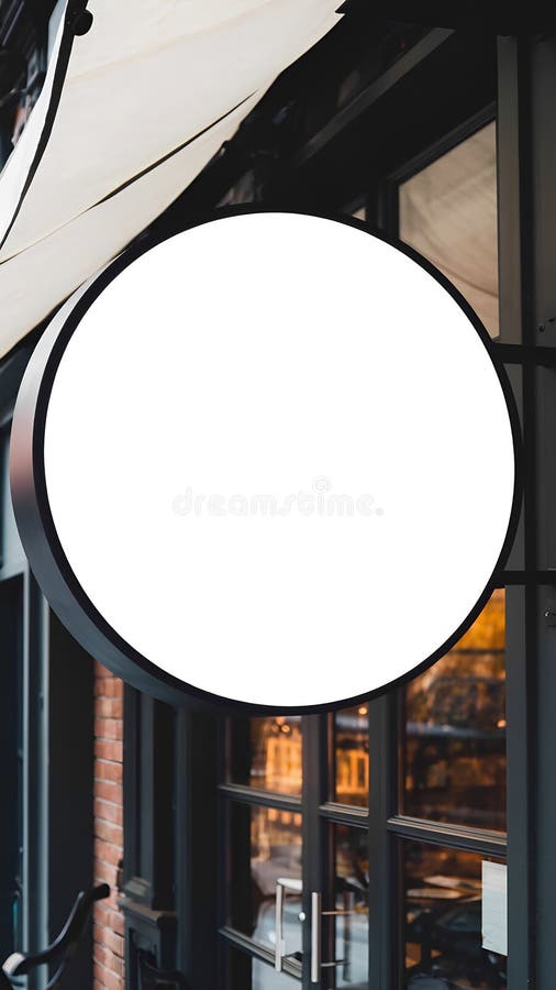 Blank Circular Sign Hangs Outside a Building with a Black Frame and ...