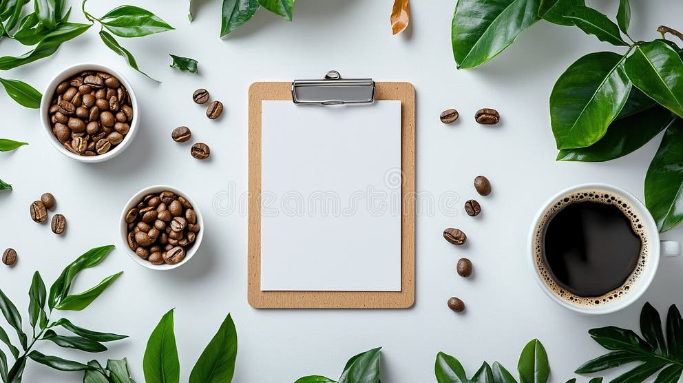 Blank Clipboard, Coffee, Beans, Leaves on White Table, Top View, for ...