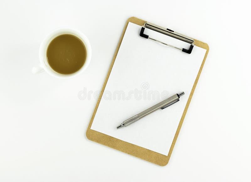 Blank Clipboard and a Cup of Coffee on White Stock Image - Image of ...