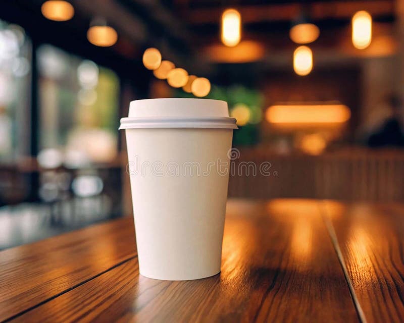A Blank Coffee Cup on a Wooden Table in a Cozy Cafe Setting Stock ...