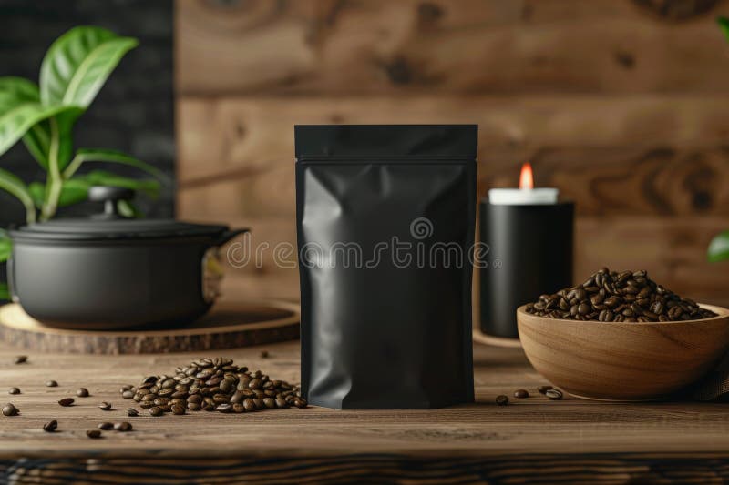 Blank Coffee Packaging on a Wooden Table, Packaging Mockup with Empty ...