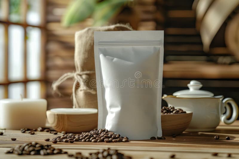 Blank Coffee Packaging on a Wooden Table, Packaging Mockup with Empty ...