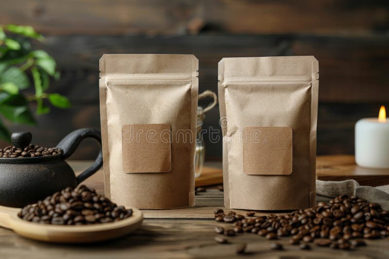 Blank Coffee Packaging on a Wooden Table, Packaging Mockup with Empty ...