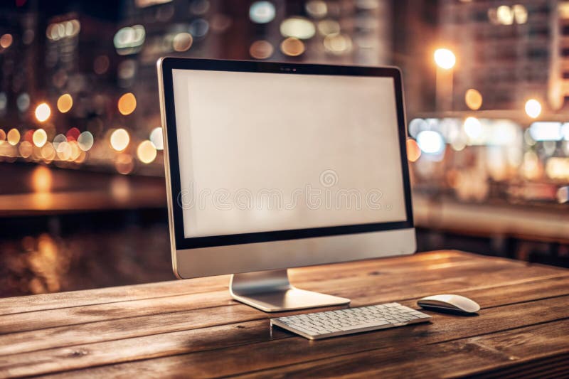A Blank Computer Monitor on a Desk at Night. the Monitor is Silver and ...