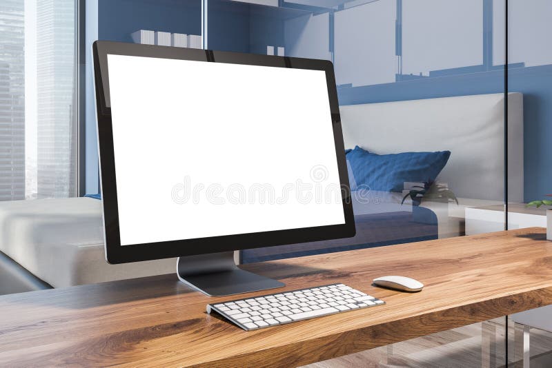 Blank Computer Screen in Blue Bedroom Home Office Stock Illustration ...