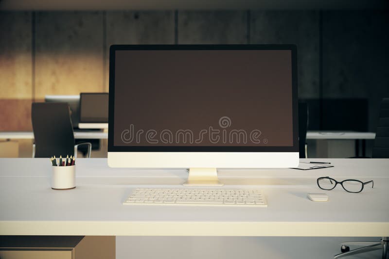 Blank Computer Screen on Table in Office Stock Illustration ...