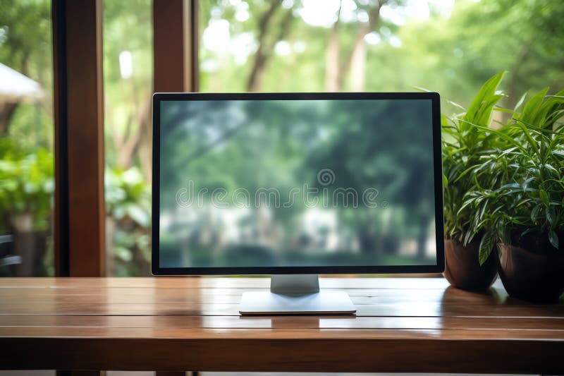 Blank Computer Screen on a Wooden Surface with Lots of Natural Light ...