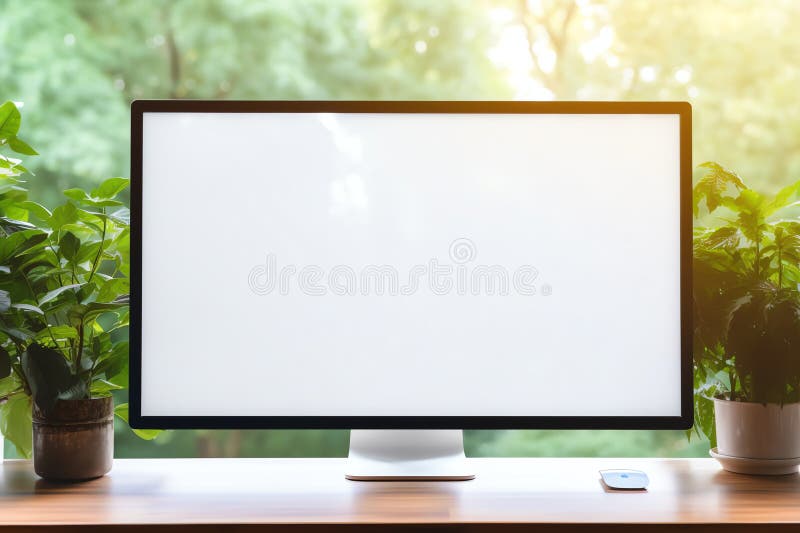 Blank Computer Screen on a Wooden Surface with Lots of Natural Light ...