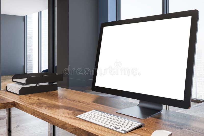Blank Computer Screen on a Wooden Table, Window Stock Illustration ...