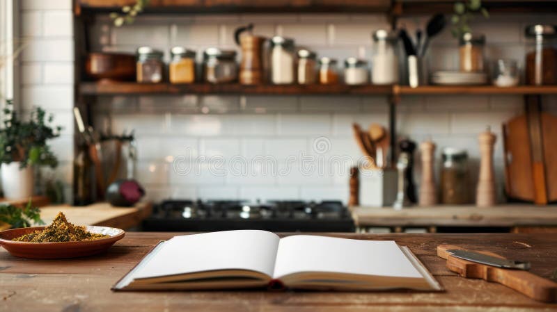 A Blank Cookbook Mockup with a Decorative Kitchen Background Stock ...