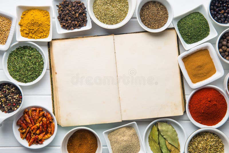 Cookbook and Various Spices and Herbs. Stock Photo - Image of cooking ...