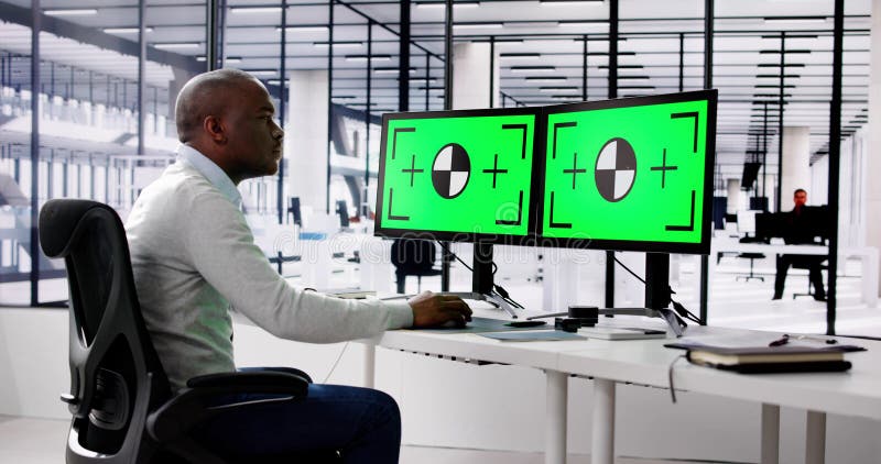 Blank Desktop Computer Screen in Office. Man Looking Stock Photo ...