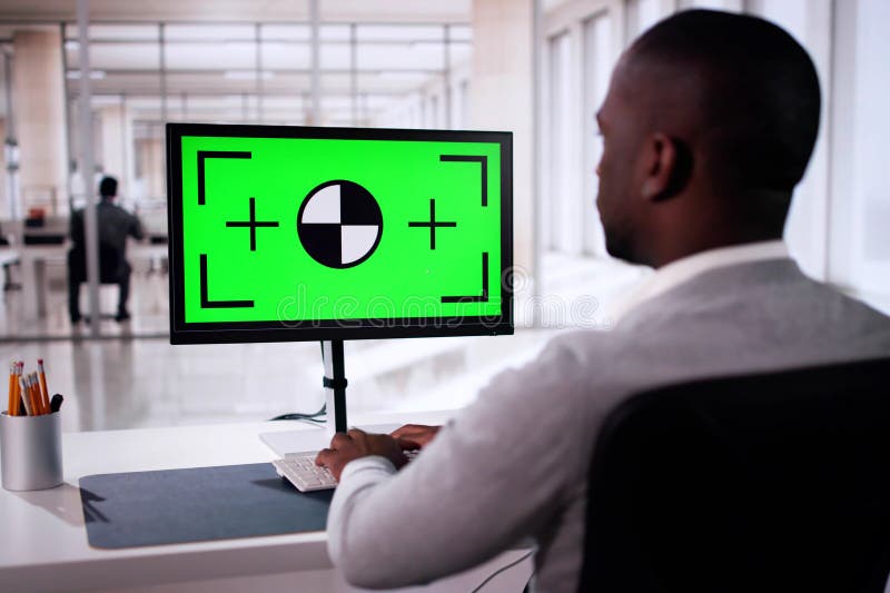 Blank Desktop Computer Screen in Office. Man Looking Stock Image ...
