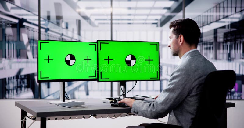 Blank Desktop Computer Screen in Office. Man Looking Stock Image ...