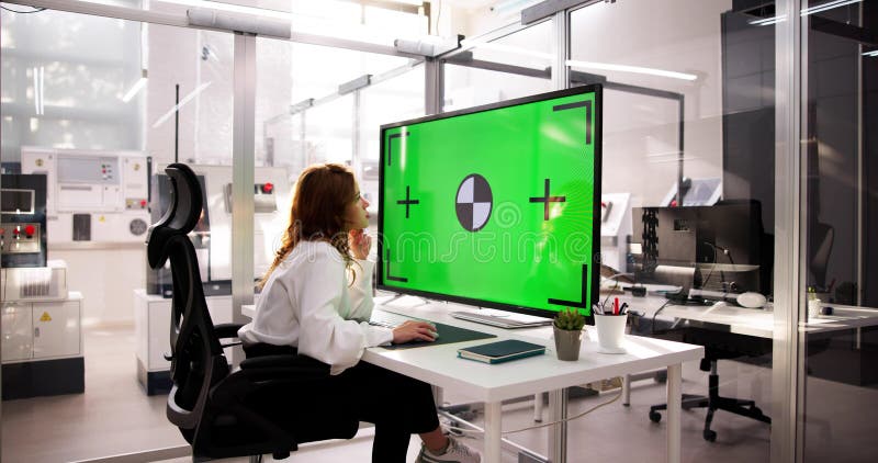 Blank Desktop Computer Screen in Office. Woman Looking Stock Image ...