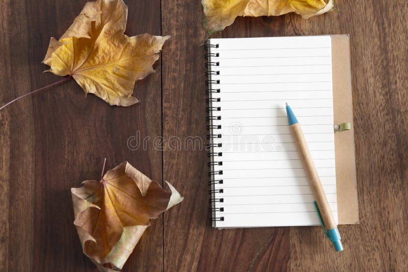 Blank Diary and Autumn Leaves on Wood Table Flat Lay Stock Image ...