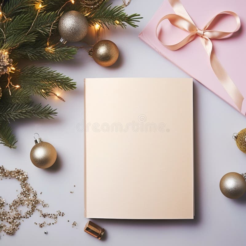 Blank Diary Notebook, Christmas Theme Decorated, Gold Balls, Ribbon ...