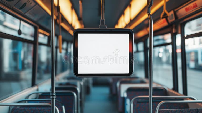Blank Digital Screen Inside a Public Bus with Empty Seats and Warm ...