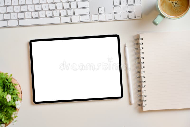 Blank Digital Tablet Screen Mockup with Blank Notepads on White Work ...