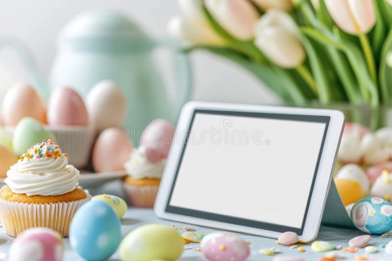 Blank Digital Tablet Screen Mockup with Festive Easter Eggs and Flowers ...