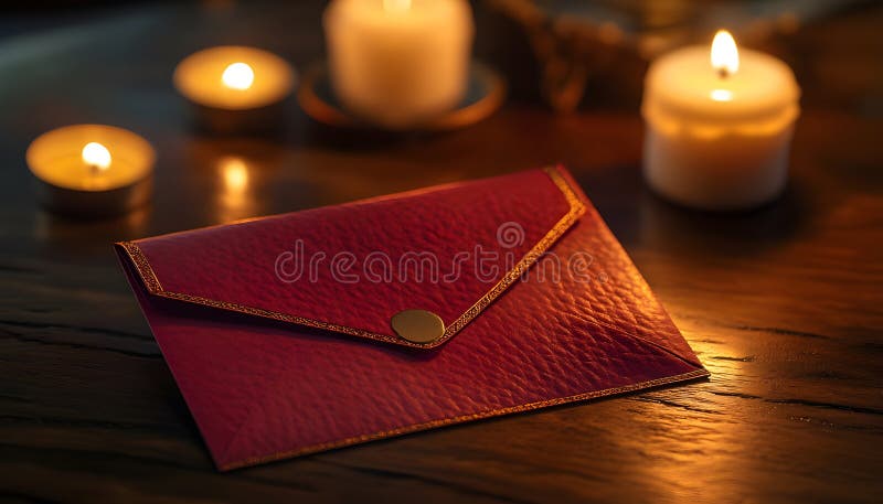 Blank Embossed Envelope in Deep Ruby, Gold Foil Edging, Lit Under Soft ...