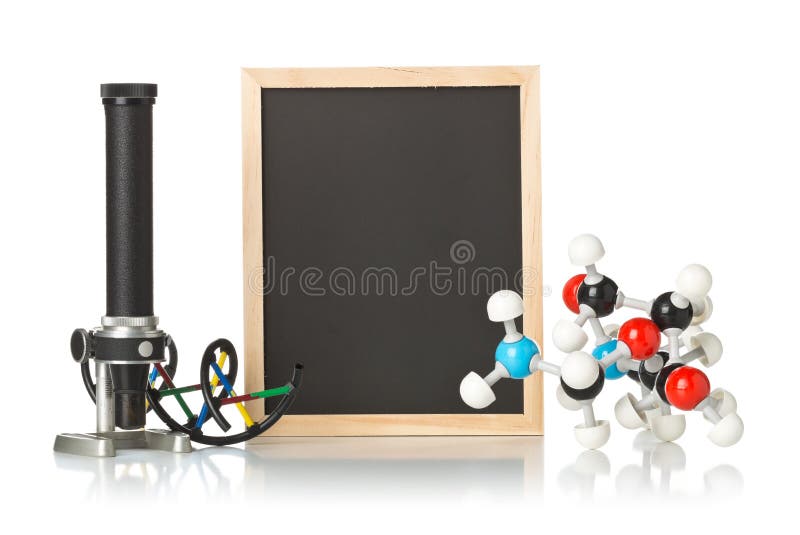 Blank, Empty, Black Chalkboard with Microscope, Molecule Model and DNA ...