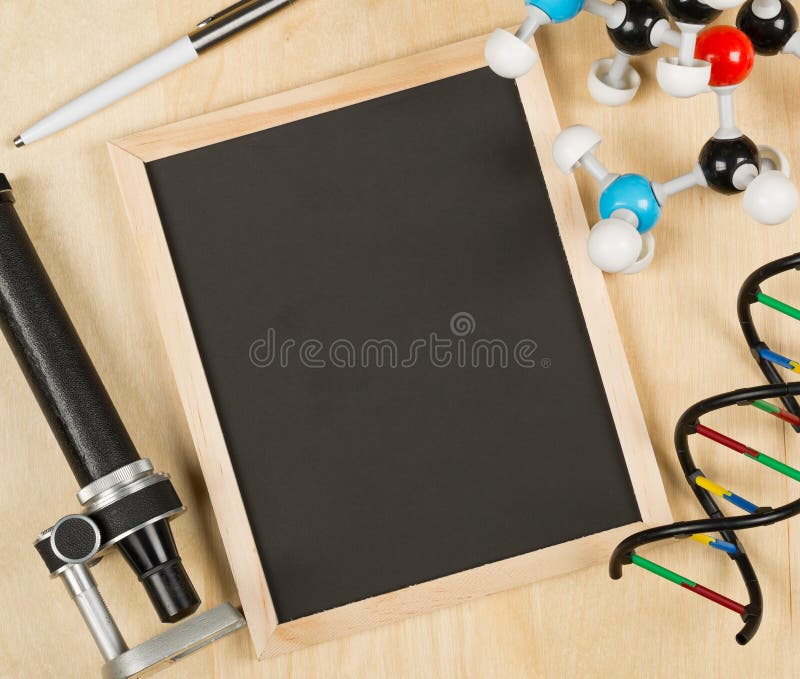 Blank, Empty, Black Chalkboard With Microscope, Molecule Model And DNA ...