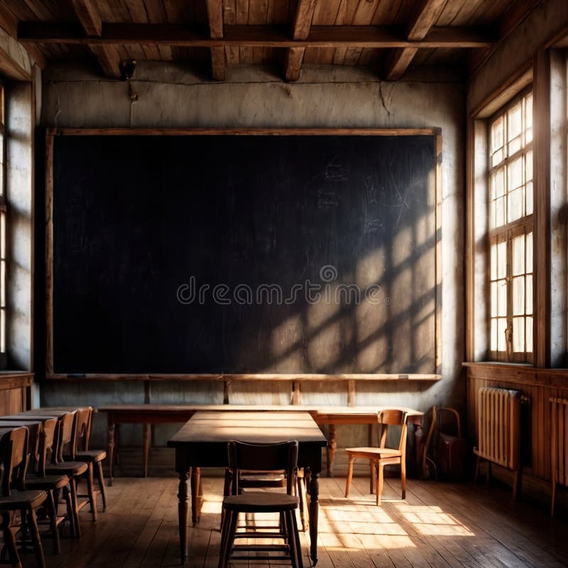 Vintage Classroom Antique Blackboard, Empty Wooden Desk Concept Stock ...