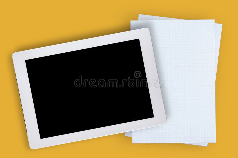 Blank or Empty Computer Digital Tablet and White Grid Paper on Yellow ...