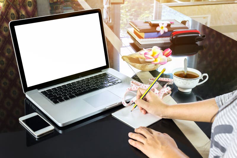 Blank or Empty Ecreen Notebook Laptop or Computer on Counter Wit Stock ...