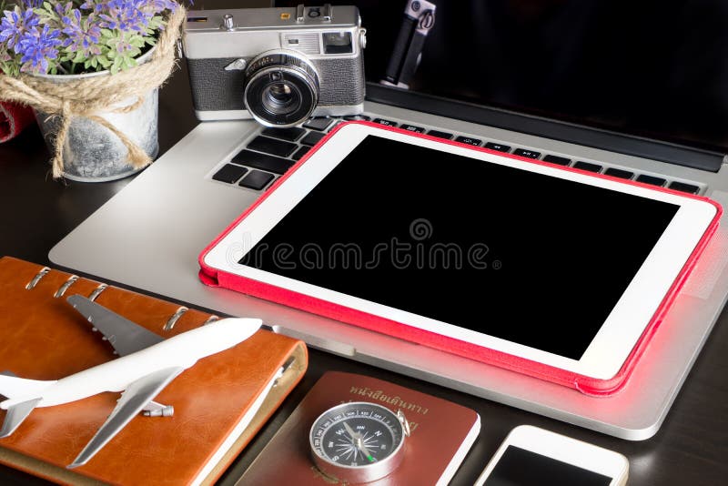 Blank Empty Tablet with Travel Objects Stock Photo - Image of camera ...