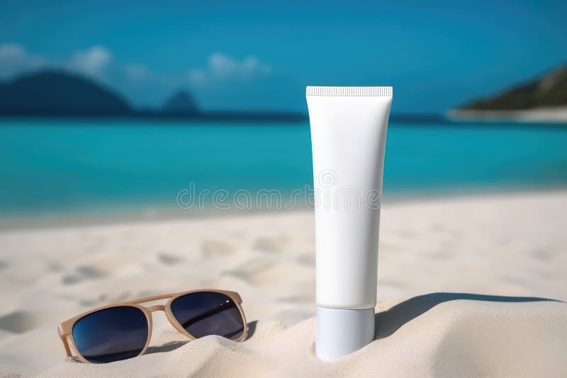 Blank Empty White Plastic Tube Sunscreen Lotion on Sand, AI Stock ...